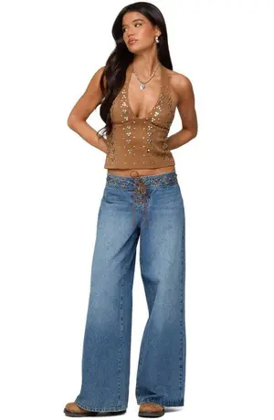 EDIKTED Studded Faux Suede Halter Top