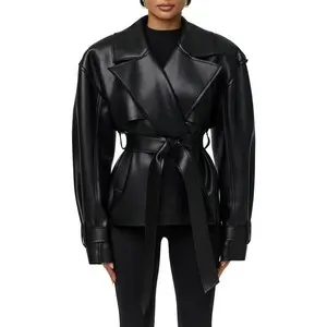 Naked Wardrobe Faux Leather Cropped Trench Coat - Black
