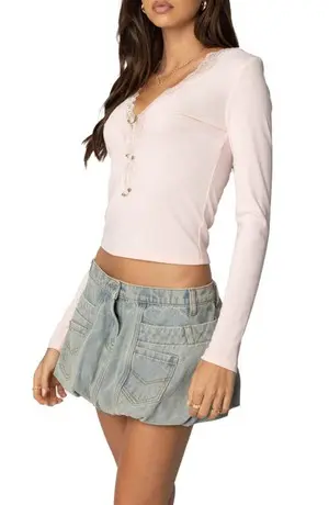 EDIKTED Lace Trim Long Sleeve Top - Pink