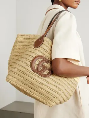 Gucci Leather-trimmed Raffia Tote