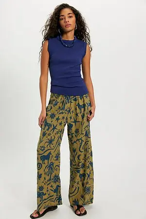 Free People Day's End Linen Printed Pull-on Pants - Olive Combo