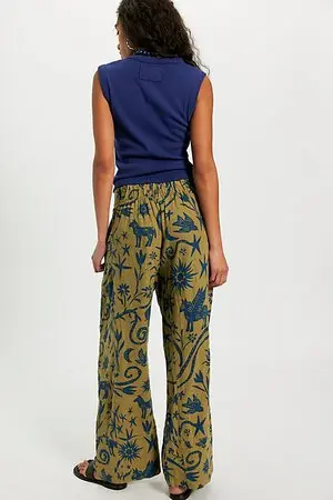 Free People Day's End Linen Printed Pull-on Pants - Olive Combo