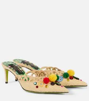 Dolce & Gabbana Pointy 60 Embellished Raffia Mules - Beige
