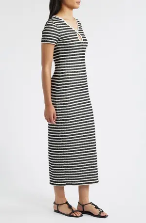 Loveappella Keyhole Stripe Textured Midi Dress - Black/ivory