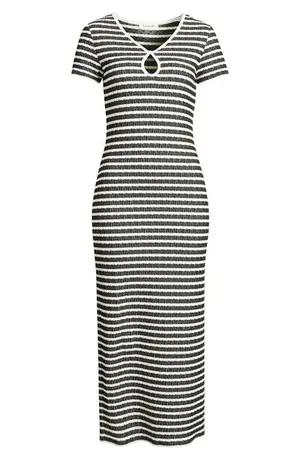 Loveappella Keyhole Stripe Textured Midi Dress - Black/ivory