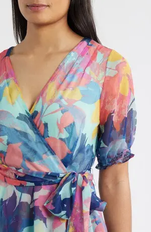 TAHARI ASL Floral Shadow Stripe Faux Wrap Dress - Seafoam Multi