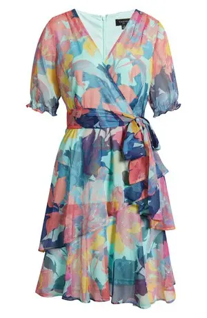 TAHARI ASL Floral Shadow Stripe Faux Wrap Dress - Seafoam Multi