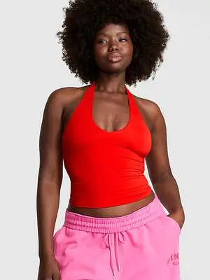 Pink Base Stretch Halter Tank - Red