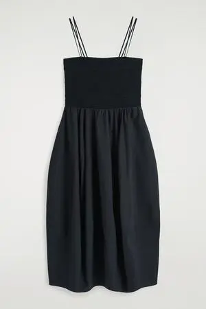 Cos Smocked Cotton Midi Dress - Navy
