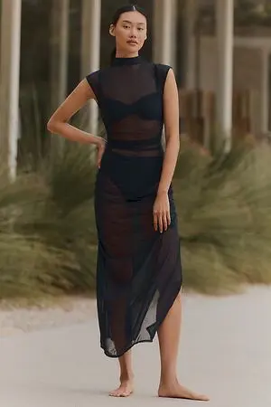 JETS Et Lure Ruched Sheer Mesh Midi Dress - Black