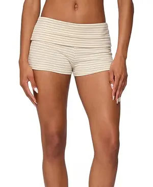 EDIKTED Fold Over Striped Shorts - Beige