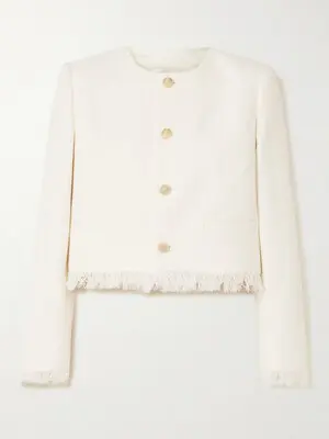 FRAME Cropped Fringed Cotton-blend Tweed Jacket - Neutrals