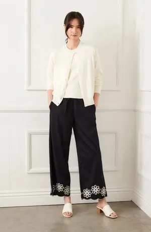 Karen Kane Embroidered Scallop Cotton Pants