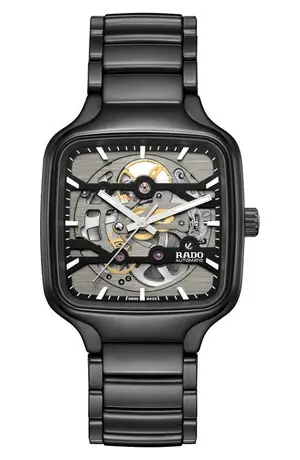 RADO True Square Skeleton Automatic Ceramic Bracelet Watch - Black