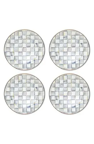 MACKENZIE-CHILDS Sterling Check Set Of 4 Enameled Steel Charger Plates - Grey/ White