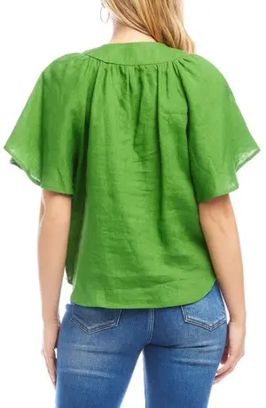 Karen Kane Flutter Sleeve Linen Top - Green