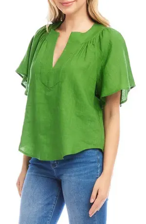 Karen Kane Flutter Sleeve Linen Top - Green
