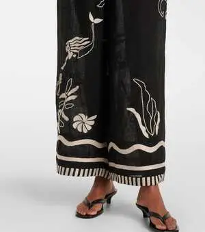 ERES Octopus Embroidered Linen Wide-leg Pants
