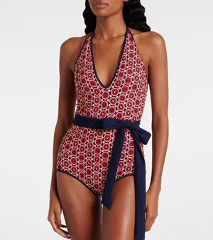 Valentino Garavani Printed Belted One-piece Swimsuit