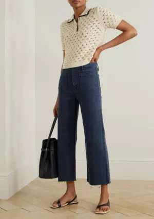 FRAME Anchor Frayed Cropped High-Rise Wide-Leg Jeans Navy
