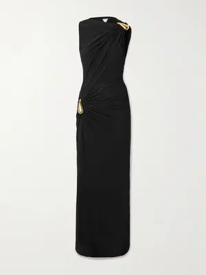 Bottega Veneta Gathered Embellished Crepe-jersey Maxi Dress - Black