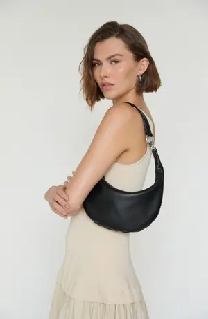 HYER GOODS Mini Leather Convertible Hobo Ring Bag - Black/silver
