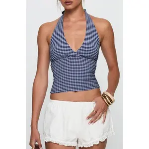 Princess Polly Gingham Halter Top - Navy Gingham