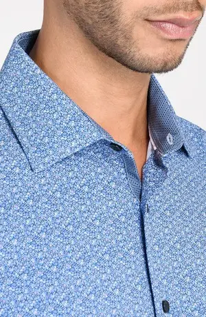 W.R.K Slim Fit Micro Floral Performance Dress Shirt - Navy