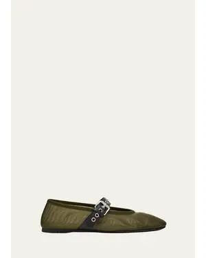 Miu Miu Mesh Buckle Mary Jane Ballerinas - Olive