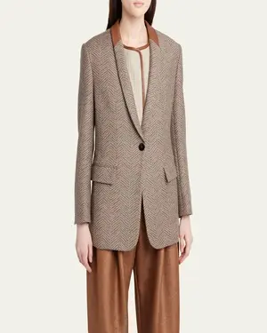Giorgio Armani Chevron Wool Single-breasted Blazer With Leather Trim