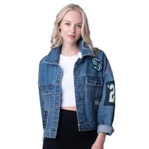 G-III 4HER BY CARL BANKS Seattle Kraken Game Ball Cropped Button-up Jacket - Denim