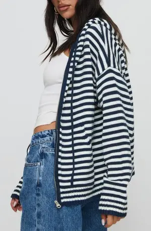 Princess Polly Striped Oversized Zip Hoodie - Navy