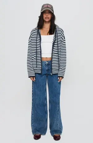 Princess Polly Striped Oversized Zip Hoodie - Navy