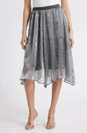 NIKKI LUND Elsa Beaded Asymmetric Midi Skirt - Gray