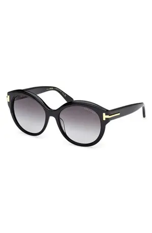TOM FORD Icon 57mm Gradient Round Sunglasses - Shiny Black Beveled / Smoke