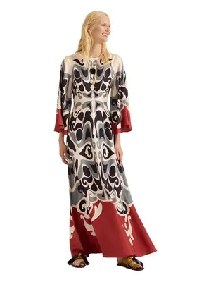La DoubleJ Long Sorella Printed Silk Dress Phoenix Placée Ivory