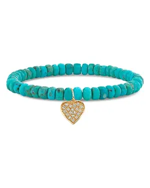 SYDNEY EVAN 14k Yellow Gold Diamond Pave Heart Charm Turquoise Bracelet - Blue/gold