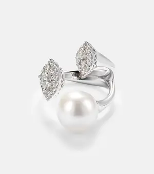 Yeprem 18kt White Gold Ring With Diamonds And Pearl - Silver