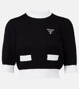 Prada Cropped Waffle-knit Cotton Sweater With Contrast Trim