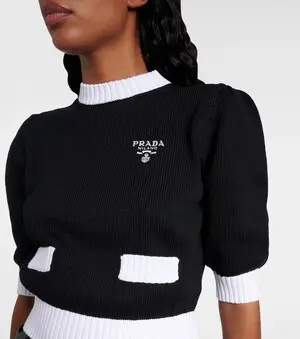 Prada Cropped Waffle-knit Cotton Sweater With Contrast Trim