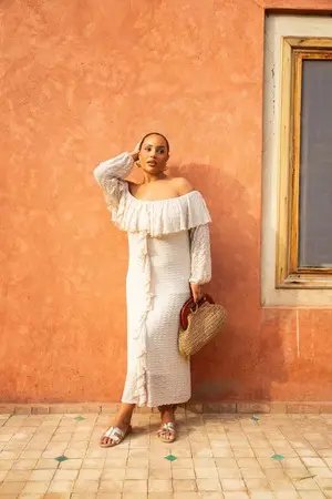 FASHION-SZN CURVE Ruffle Bardot Mesh Midi Dress