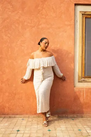 FASHION-SZN CURVE Ruffle Bardot Mesh Midi Dress