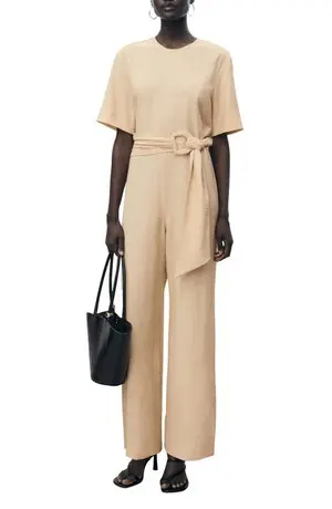 Mango Belted Wide Leg Jumpsuit - Ecru