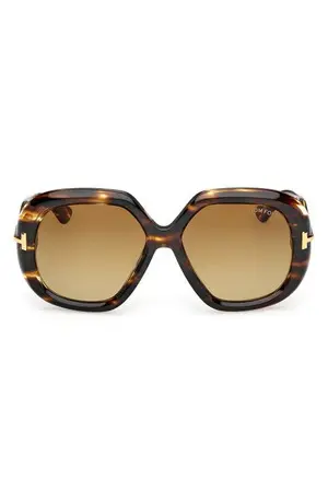 TOM FORD 56mm Geometric Sunglasses - Brown Striped Beveled/ Brown