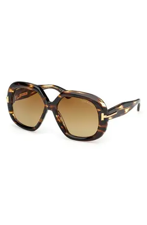 TOM FORD 56mm Geometric Sunglasses - Brown Striped Beveled/ Brown