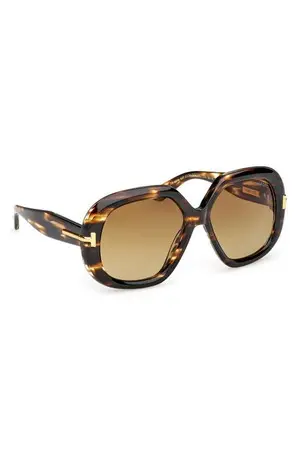 TOM FORD 56mm Geometric Sunglasses - Brown Striped Beveled/ Brown