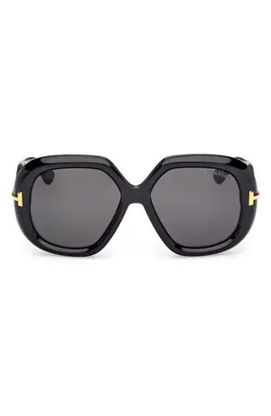 TOM FORD 56mm Geometric Sunglasses - Shiny Black Beveled/ Smoke