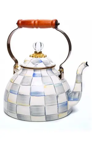 MACKENZIE-CHILDS Sterling Check Enameled Steel 3-quart Tea Kettle - Grey/ White