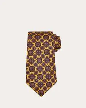 Kiton Geometric Medallion Silk Neck Tie Dark Yellow