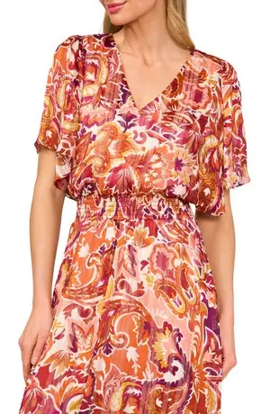 CECE DUPRAZ Printed Smocked Waist Maxi Dress - Wine